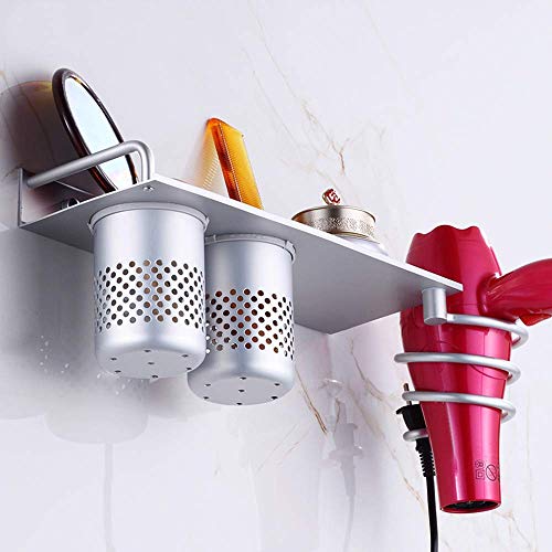 Homwel Wall Mount Hair Dryer Hanging Rack Organizer - Bathroom Storage Basket for Hair Dryer, Flat Iron, Curling Wand, Hair Straightener, Brushes - Holds Hot Tools（White）