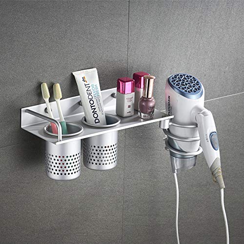 Homwel Wall Mount Hair Dryer Hanging Rack Organizer - Bathroom Storage Basket for Hair Dryer, Flat Iron, Curling Wand, Hair Straightener, Brushes - Holds Hot Tools（White）