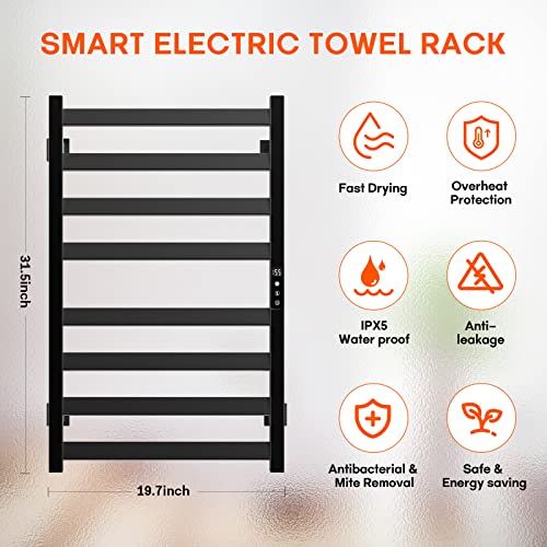 Colliford Towel Warmer, Towel Heater Rack for Bathroom, 8-bar Electric Towel Dryer Wall-Mounted Plug-in Bath Heater, 201 Stainless Steel Hot Towel Rack with Timer and Smart Temperature Control