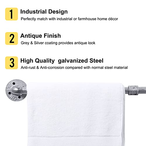 HouseAid 48 Inch Industrial Pipe Towel Bar, Farmhouse Iron Hand Towel Holder, Vintage Style Towel Rod for Bathroom, Wall Mounted, Antique Silver (Hook Included)