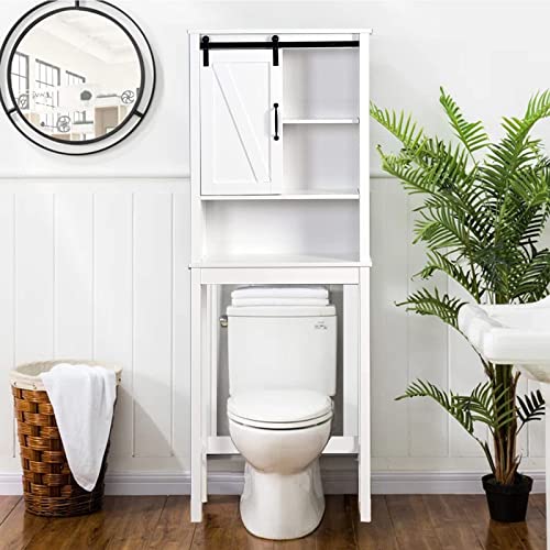 4 EVER WINNER Farmhouse Over The Toilet Storage, 67" Over The Toilet Bathroom Organizer with Sliding Barn Door, Freestanding Bathroom Space Saver Over Toilet with Adjustable Shelf, White