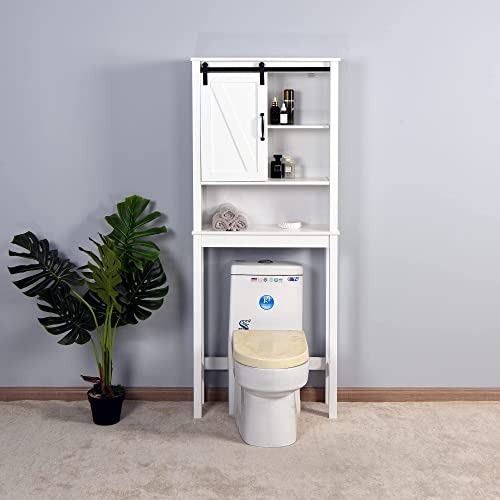 4 EVER WINNER Farmhouse Over The Toilet Storage, 67" Over The Toilet Bathroom Organizer with Sliding Barn Door, Freestanding Bathroom Space Saver Over Toilet with Adjustable Shelf, White