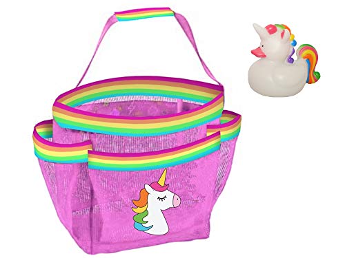 TOP TRENZ Unicorn Rainbow Stripe Shower Caddy and Unicorn Rubber Ducky Bundle Set