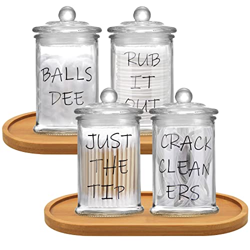 6PCS Glass Qtip Holder Bathroom Set- 4 Pack 10 oz Damp-proof Apothecary Jars Canisters with Bamboo Lids Clear Farmhouse Qtip Holder Dispenser for Cotton Swabs, Pads, Balls, Floss, Vanity Makeup Organizer