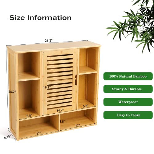 HOMBOUR Bathroom Wall Mounted Cabinet, Over The Toilet Space Saver Storage Cabinet, 3-Tier Bamboo Medicine Cabinet with Door and Shelves for Bathroom, Kitchen, Living Room