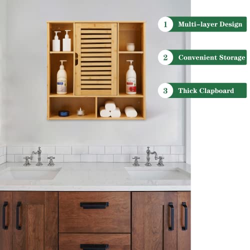 HOMBOUR Bathroom Wall Mounted Cabinet, Over The Toilet Space Saver Storage Cabinet, 3-Tier Bamboo Medicine Cabinet with Door and Shelves for Bathroom, Kitchen, Living Room