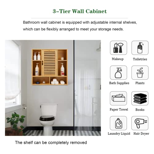 HOMBOUR Bathroom Wall Mounted Cabinet, Over The Toilet Space Saver Storage Cabinet, 3-Tier Bamboo Medicine Cabinet with Door and Shelves for Bathroom, Kitchen, Living Room