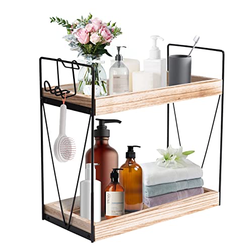 Bathroom Counter Shelf Organzier Vanity Organziers and Storage,2 Tier Bathroom Organizer Countertop Vanity Rack Orgnizer Trays for Bathroom, Cosmetic Holder Wood Shelf for Sink Kitchen Spice Rack