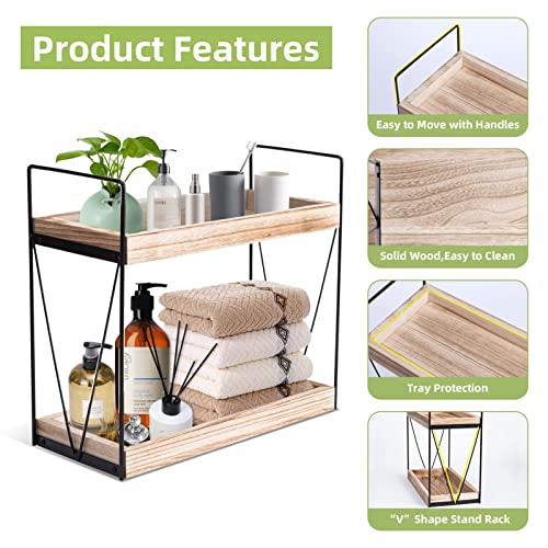 Bathroom Counter Shelf Organzier Vanity Organziers and Storage,2 Tier Bathroom Organizer Countertop Vanity Rack Orgnizer Trays for Bathroom, Cosmetic Holder Wood Shelf for Sink Kitchen Spice Rack