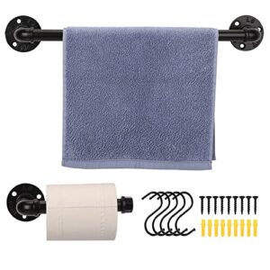 songtec industrial pipe towel bar 16-inch & toilet paper holder, rustic look towel rack hat rack, farm style décor for bathroom – black