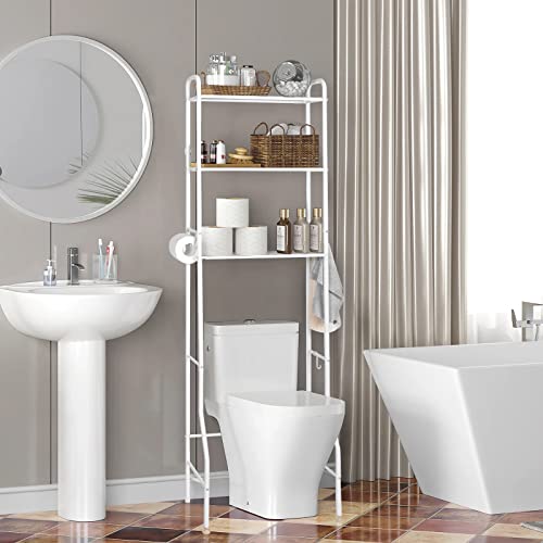 BHFOW Toilet Storage Rack, 3-Tier Over-The-Toilet Bathroom Spacesaver, Bathroom Shelf Organizer, Freestanding Above Toilet Rack with Hooks (White)