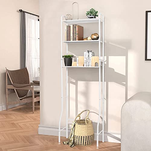 BHFOW Toilet Storage Rack, 3-Tier Over-The-Toilet Bathroom Spacesaver, Bathroom Shelf Organizer, Freestanding Above Toilet Rack with Hooks (White)