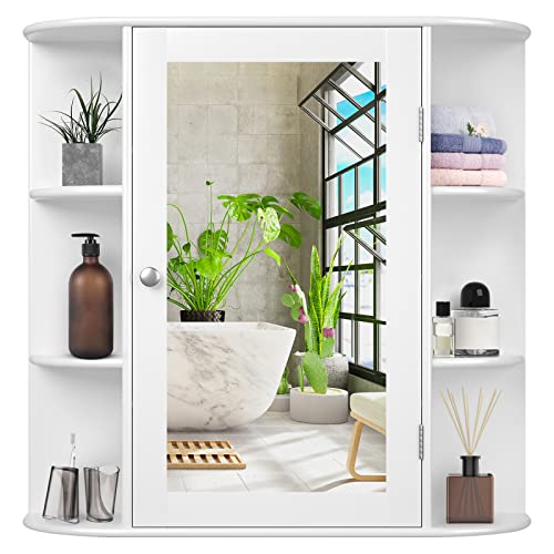 COSTWAY Wall Mounted Bathroom Cabinet - Storage Cabinet with Mirror Door & Adjustable Shelves, Space-Saving Medicine Storage Organizer for Living Room Kitchen Entryway (White)