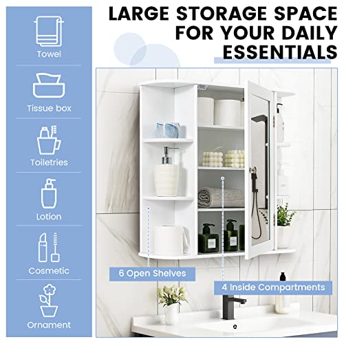 COSTWAY Wall Mounted Bathroom Cabinet - Storage Cabinet with Mirror Door & Adjustable Shelves, Space-Saving Medicine Storage Organizer for Living Room Kitchen Entryway (White)