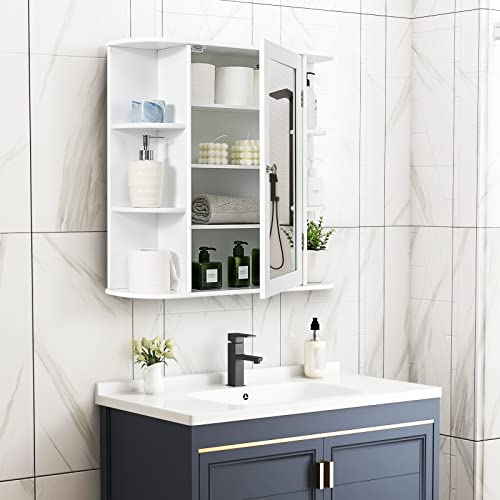 COSTWAY Wall Mounted Bathroom Cabinet - Storage Cabinet with Mirror Door & Adjustable Shelves, Space-Saving Medicine Storage Organizer for Living Room Kitchen Entryway (White)