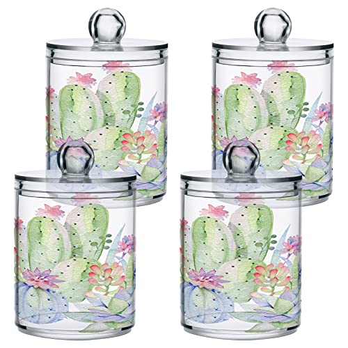 Kigai Beautiful Cactus Succulent Plant Qtip Holder Dispenser for Cotton Ball, Cotton Swab,Plastic Clear Apothecary Jar, Home Décor Kitchen Storage Jar,4 Pack