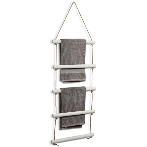 MyGift Whitewashed Solid Wood Wall Hanging Towel Holder Ladder with 5 Rungs and Rustic Rope, Bathroom Organizer Drying Hand Towel Rack