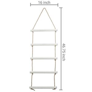 MyGift Whitewashed Solid Wood Wall Hanging Towel Holder Ladder with 5 Rungs and Rustic Rope, Bathroom Organizer Drying Hand Towel Rack