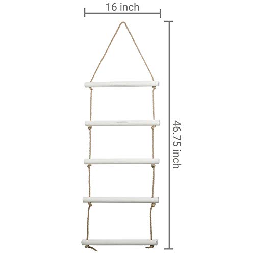 MyGift Whitewashed Solid Wood Wall Hanging Towel Holder Ladder with 5 Rungs and Rustic Rope, Bathroom Organizer Drying Hand Towel Rack