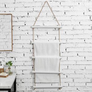 MyGift Whitewashed Solid Wood Wall Hanging Towel Holder Ladder with 5 Rungs and Rustic Rope, Bathroom Organizer Drying Hand Towel Rack