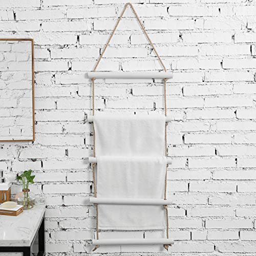 MyGift Whitewashed Solid Wood Wall Hanging Towel Holder Ladder with 5 Rungs and Rustic Rope, Bathroom Organizer Drying Hand Towel Rack