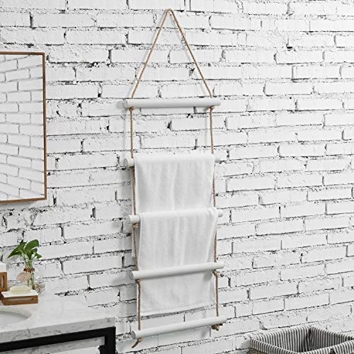 MyGift Whitewashed Solid Wood Wall Hanging Towel Holder Ladder with 5 Rungs and Rustic Rope, Bathroom Organizer Drying Hand Towel Rack