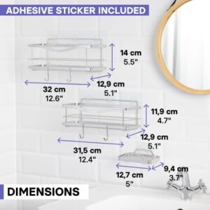 KINCMAX Shower Caddy and Soap Holder, Rustproof SUS304 Stainless Steel, Adhesive Wall Mount Double Baskets 3-pack with Hooks (Polished Silver)