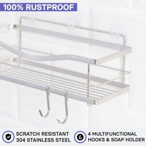 KINCMAX Shower Caddy and Soap Holder, Rustproof SUS304 Stainless Steel, Adhesive Wall Mount Double Baskets 3-pack with Hooks (Polished Silver)