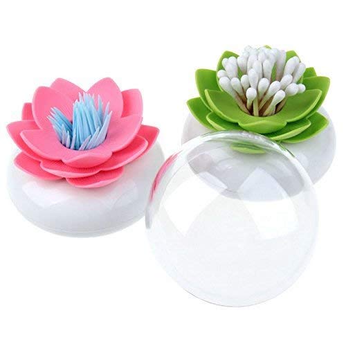 JDYYICZ 2-Pack Lotus Flowers Cotton Swab Holder, Small Q-Tips Toothpicks Storage Organizer,Bathroom Vanity Canister(Green+Pink)