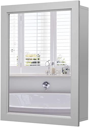 FUTADA Bathroom Medicine Cabinet with Mirror, Wall-Mounted Storage Organizer, Adjustable Shelf & Single Door, Modern Mirror Cabinet for Living Room, Bedroom, Hallway (Grey)