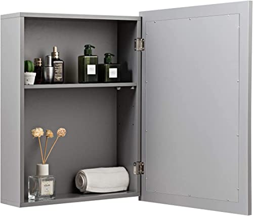 FUTADA Bathroom Medicine Cabinet with Mirror, Wall-Mounted Storage Organizer, Adjustable Shelf & Single Door, Modern Mirror Cabinet for Living Room, Bedroom, Hallway (Grey)