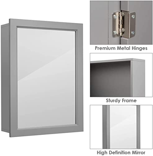 FUTADA Bathroom Medicine Cabinet with Mirror, Wall-Mounted Storage Organizer, Adjustable Shelf & Single Door, Modern Mirror Cabinet for Living Room, Bedroom, Hallway (Grey)