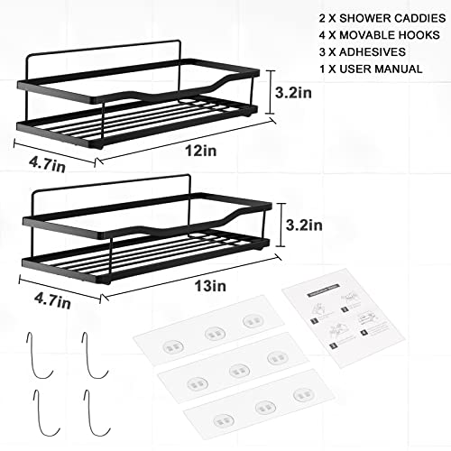 Woseito 2-Pack Shower Caddy, Adhesives Bathroom Organizers, No Drilling Shower Shelf, Stainless Steel Shower Rack With Hooks of 4, Mounted for Bathroom & Kitchen(Matte Black)