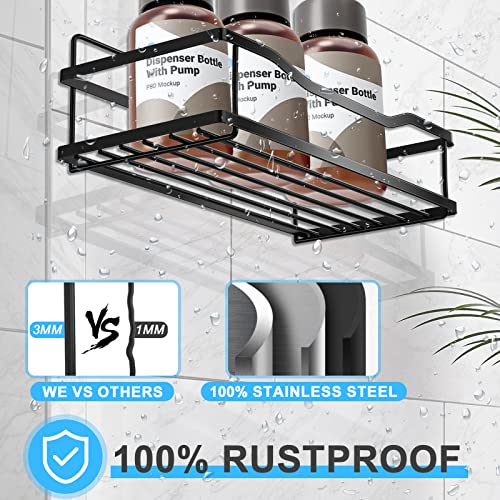 Woseito 2-Pack Shower Caddy, Adhesives Bathroom Organizers, No Drilling Shower Shelf, Stainless Steel Shower Rack With Hooks of 4, Mounted for Bathroom & Kitchen(Matte Black)