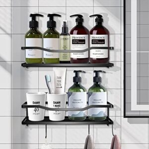 Woseito 2-Pack Shower Caddy, Adhesives Bathroom Organizers, No Drilling Shower Shelf, Stainless Steel Shower Rack With Hooks of 4, Mounted for Bathroom & Kitchen(Matte Black)