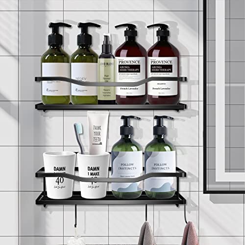 Woseito 2-Pack Shower Caddy, Adhesives Bathroom Organizers, No Drilling Shower Shelf, Stainless Steel Shower Rack With Hooks of 4, Mounted for Bathroom & Kitchen(Matte Black)