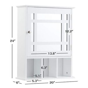 GLACER Bathroom Medicine Cabinet with Mirror, Bathroom Mirror Cabinet with Adjustable Shelf and Open Compartments, Wall Mounted Mirrored Medicine Cabinet for Bathroom, 20 x 6 x 24 Inches (White)