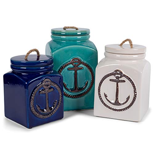 Drew Derose Square Ocean Blue Nautical Anchor 8 x 6.5 Ceramic Decorative Tabletop Canister Set 3