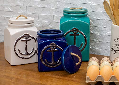 Drew Derose Square Ocean Blue Nautical Anchor 8 x 6.5 Ceramic Decorative Tabletop Canister Set 3