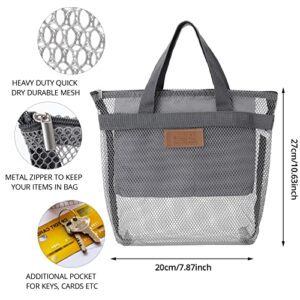 Mesh Shower Bag, Portable Shower Caddy Mesh Shower Caddy ToteQuick Dry Shower Tote Bag with Zipper & 2 Pockets for College Dorms Gym Swimming Beach Travel Sports Games 10.6 * 7.8 Inch (Grey)