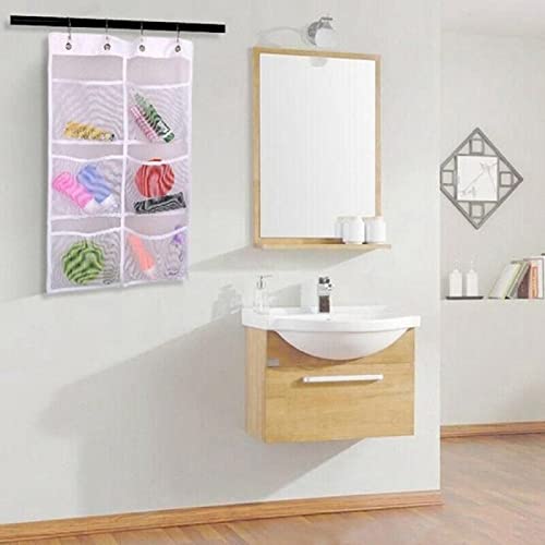 Mesh Shower Curtain Organizer Bag，6 Pockets Hanging Caddies Quick Dry Bathroom Shower Curtain Rod/Liner Toy Shampoo-Soap-Razor Holder Hanger Storage Pocket with 4 Hanging Ring 2 Suction Cup Hooks