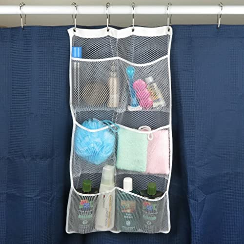 Mesh Shower Curtain Organizer Bag，6 Pockets Hanging Caddies Quick Dry Bathroom Shower Curtain Rod/Liner Toy Shampoo-Soap-Razor Holder Hanger Storage Pocket with 4 Hanging Ring 2 Suction Cup Hooks