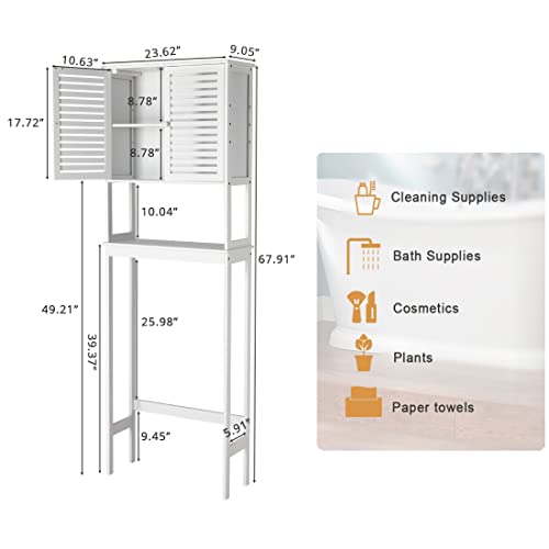 ADUZA Bamboo Over The Toilet Bathroom Storage Cabinet with 2 Doors, Freestanding Toilet Rack with Adjustable Shelves Space-Saving 67 Inches Height White