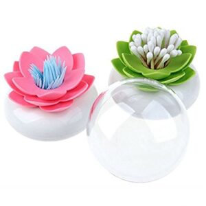 jforsjizt 2pcs lotus cotton swab holder,q-tips toothpicks canisters holder with clear lid dustproof cover,cotton bud brushes holder box case storage organizer jar(green + pink