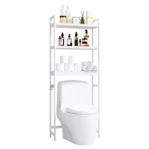 bamboo over-the-toilet storage rack, 3-tier bathroom organizer over toilet with 6 hooks, bathroom freestanding shelf for home, kitchen, 24.4” l x 10.24” w x 64.17” h, white