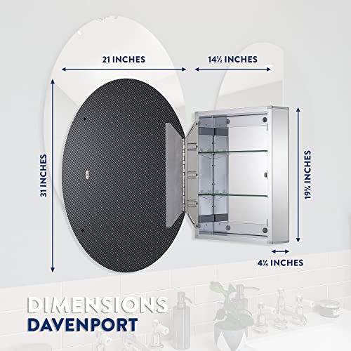 Croydex Davenport Oval, Recessed or Surface Mount, Hang 'n' Lock Easy Installation Medicine Cabinet, 21W x 31H, Aluminum