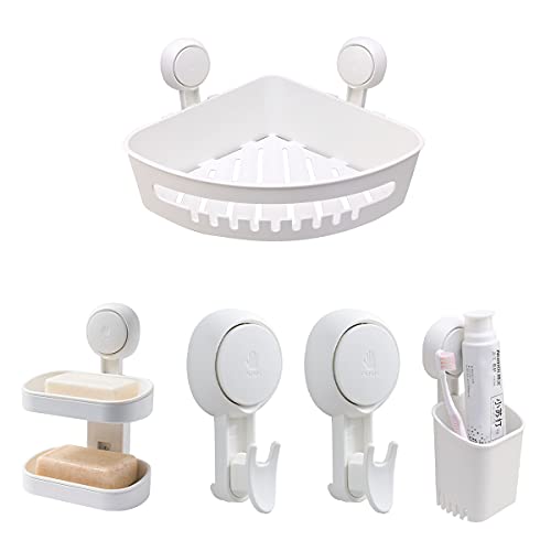 Shower Caddy Suction Cup Set, No-Tool No-Drill No Glue Installation Shower Organizer Set, Removable Suction Corner Shower Shelf Set, Kitchen Organizer Set, Bathroom Caddy Set - Pack of 5, White, Including Corner Caddy, Double Layer Soap Dish, Toothbrush/T