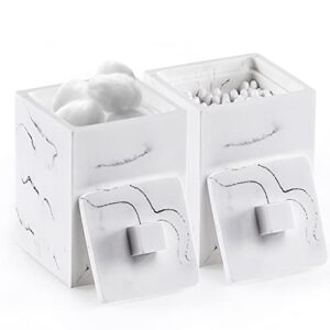 sanbege 2 pcs cotton swab holder with lid, resin q-tips container, cotton ball canister for vanity, dresser counter, bathroom sink organizer (white marble)