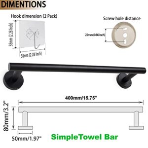 CANLUXY Towel Bar Hand Towel Rack Holder with 2 Small Transparent Hooks, Modern Towel Bar Black Matte