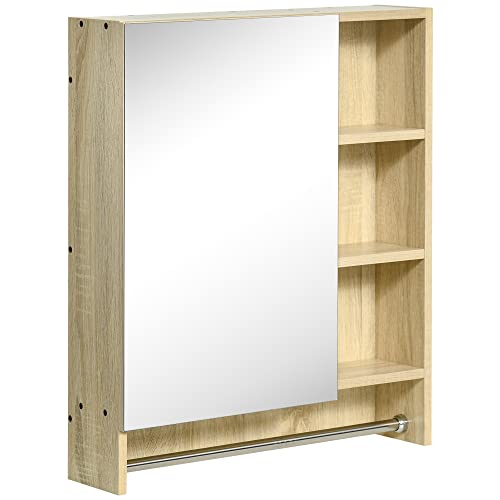 kleankin 23.5" x 27.5" Wall-Mounted Bathroom Medicine Cabinet, Vanity Mirror with 3 Storage Shelves, Inside Adjustable Shelf, and Towel Rack, Natural